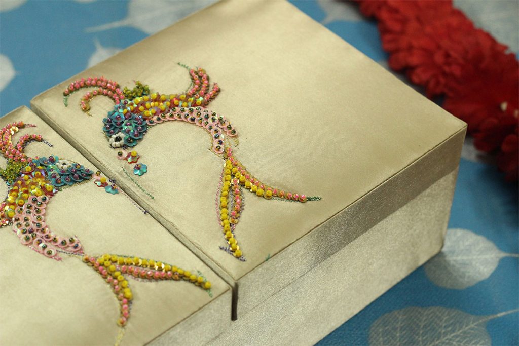 12 x 6 x 3 inch Brown Embroidered Animal Zari Box | Pietra Dura Products