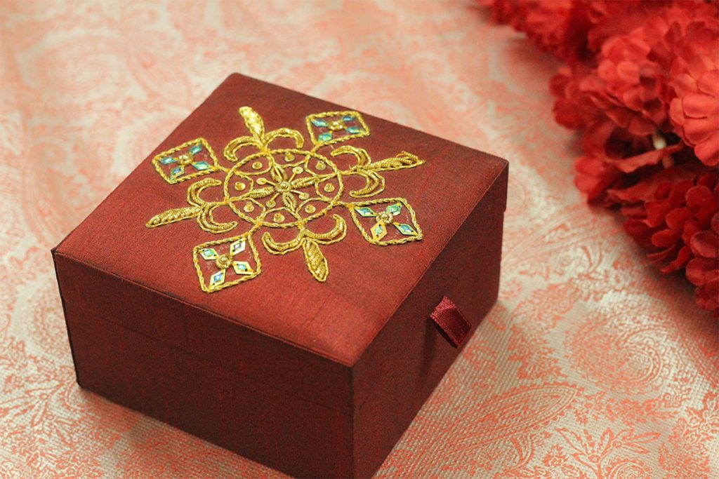 5 x 5 x 3 inch Maroon Embroidered Floral Zari Box | Pietra Dura Products